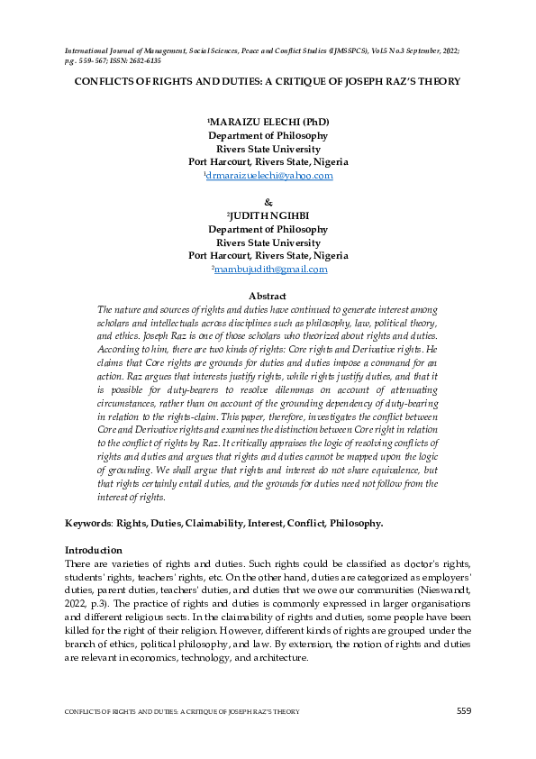 (PDF) CONFLICTS OF RIGHTS AND DUTIES: A CRITIQUE OF JOSEPH RAZ'S THEORY