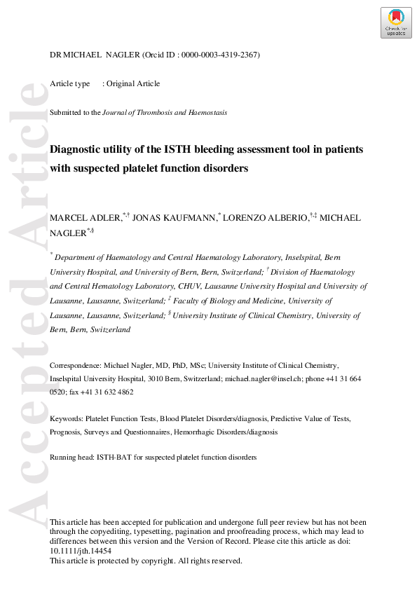(PDF) Diagnostic utility of the ISTH bleeding assessment tool in patients with suspected ...