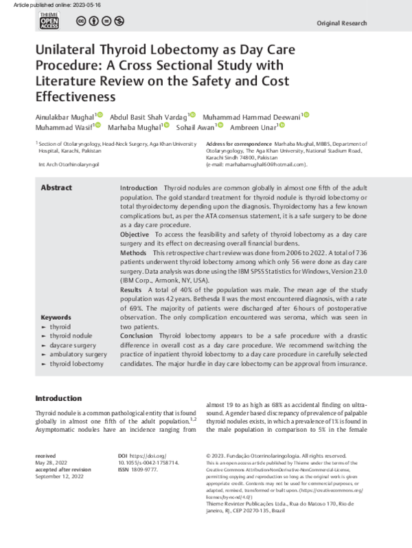 (PDF) Unilateral Thyroid Lobectomy as Day Care Procedure: A Cross Sectional Study with ...