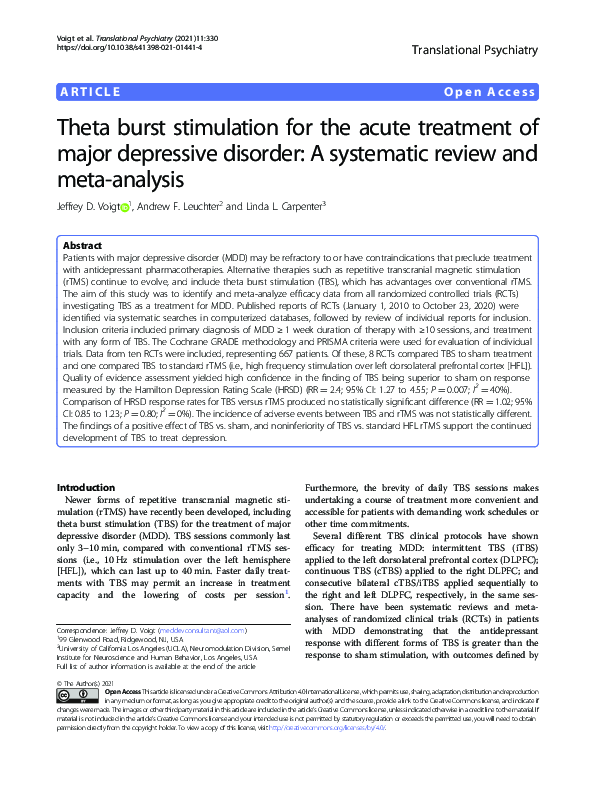 (PDF) Theta burst stimulation for the acute treatment of major ...