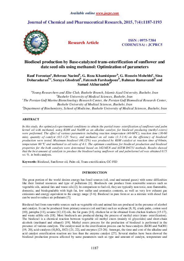 Pdf Biodiesel Production By Base Catalyzed Trans Esteri Fication Of Sunflower And Date Seed