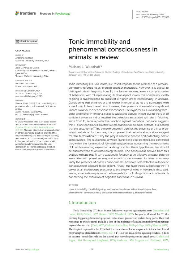 (PDF) Tonic immobility and phenomenal consciousness in animals: a review
