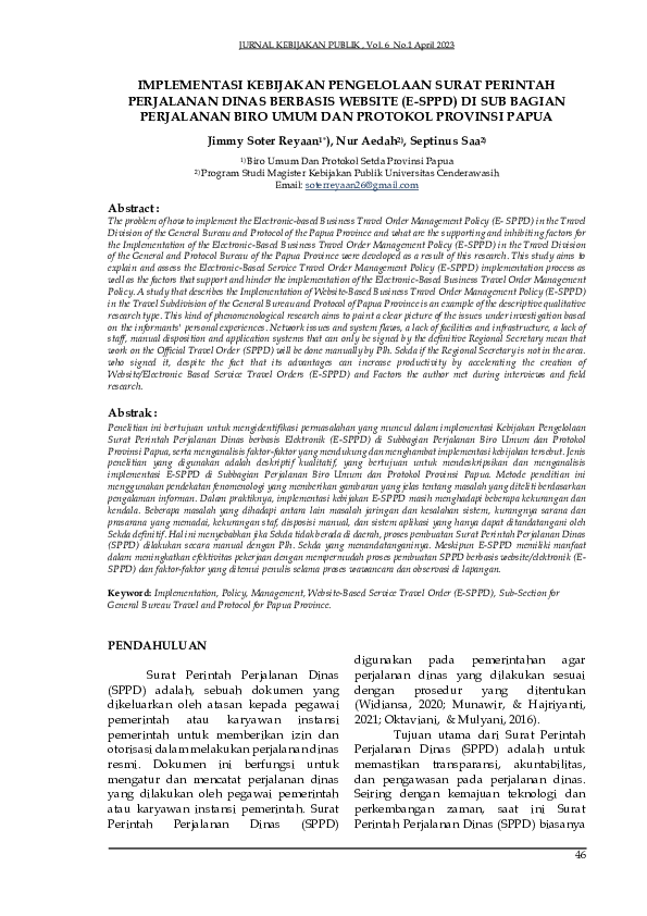 (PDF) Implementasi Kebijakan Pengelolaan Surat Perintah Perjalanan Dinas Berbasis Website (E ...