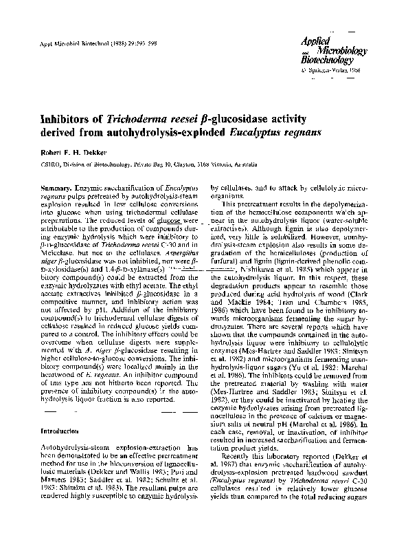 Inhibitors of Trichoderma reesei β-glucosidase activity derived from autohydrolysis-exploded ...