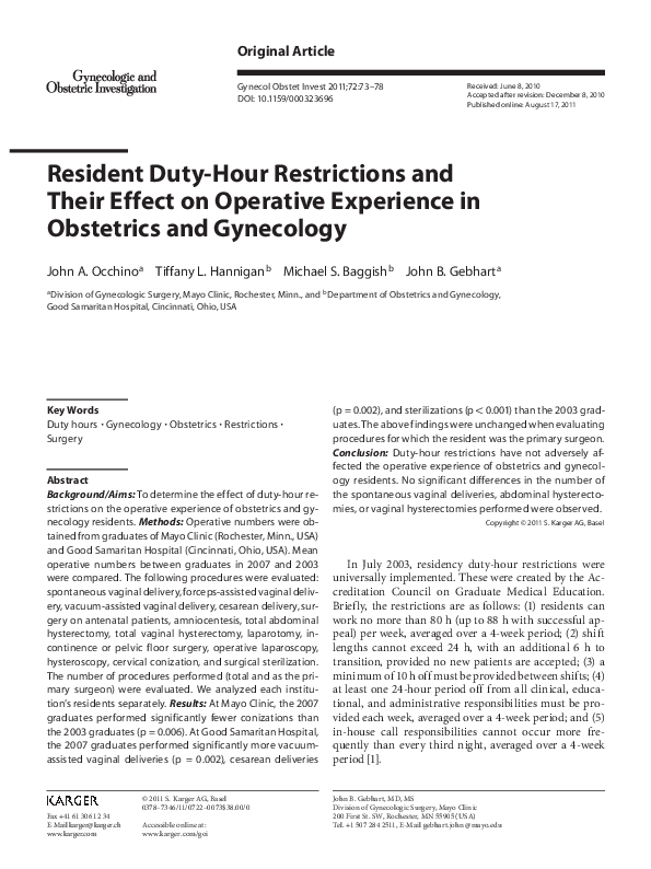 Resident Duty-Hour Restrictions and Their Effect on Operative ...