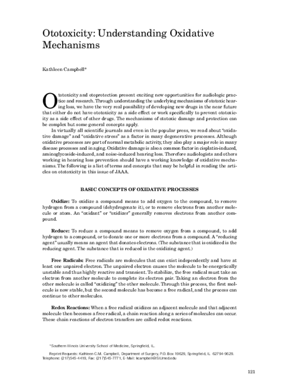 (PDF) Ototoxicity: Understanding Oxidative Mechanisms
