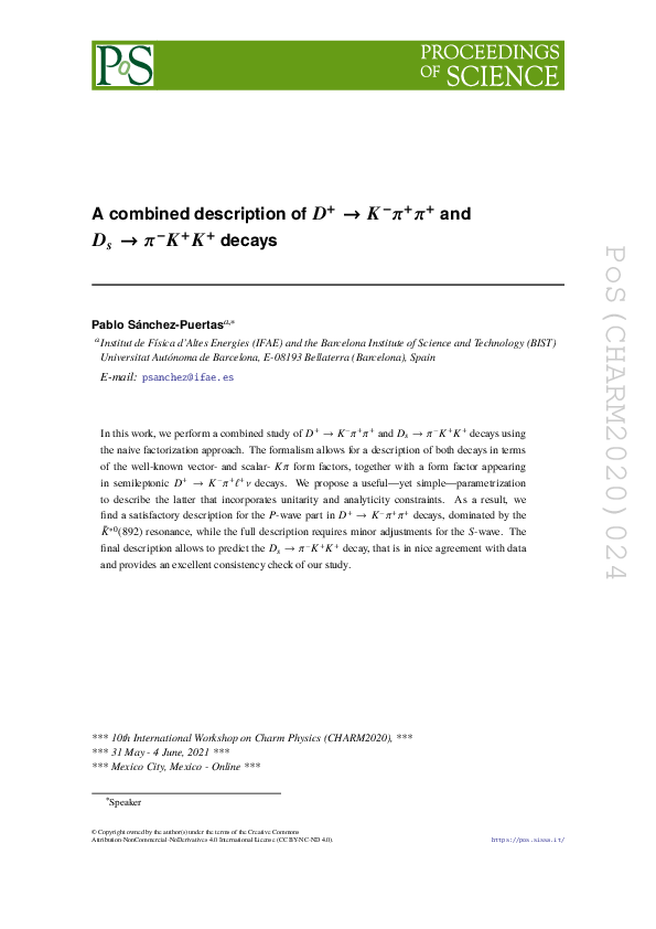 (PDF) A combined description of D+ --> K-pi+pi+ and D_s --> pi-K+K+ decays