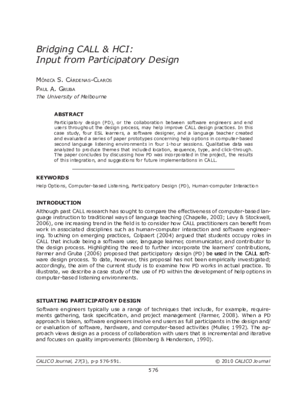(PDF) Bridging CALL & HCI: Input from Participatory Design