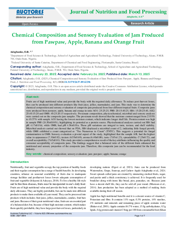 (PDF) Chemical Composition and Sensory Evaluation of Jam Produced from Pawpaw, Apple, Banana and ...