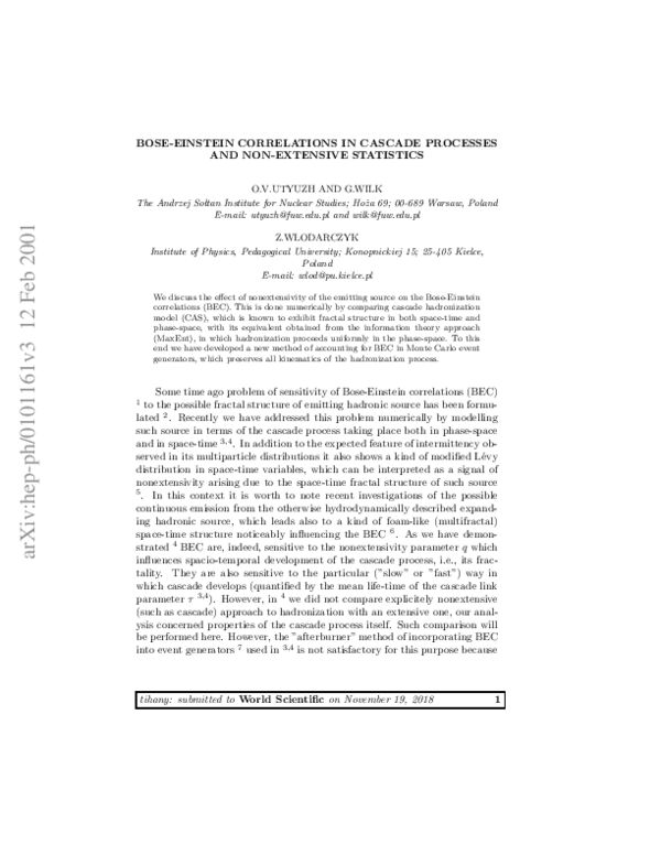 (PDF) Bose-Einstein correlations in cascade processes and non-extensive ...