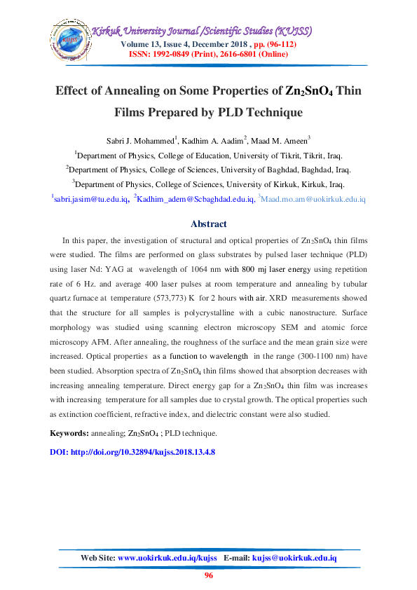 (PDF) Effect of Annealing on Some Properties of Zn2SnO4 Thin Films Prepared by PLD Technique
