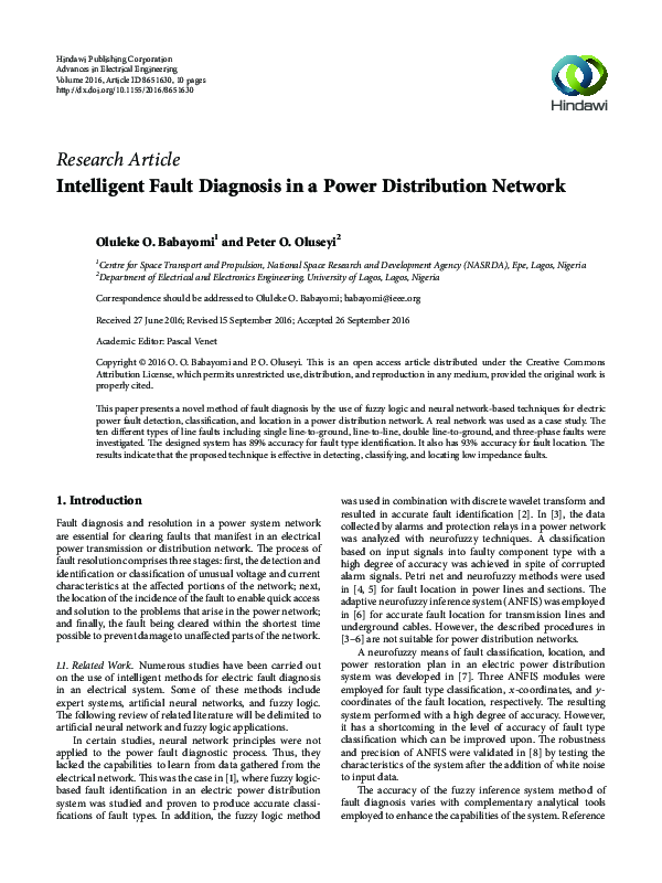 (PDF) Intelligent Fault Diagnosis in a Power Distribution Network