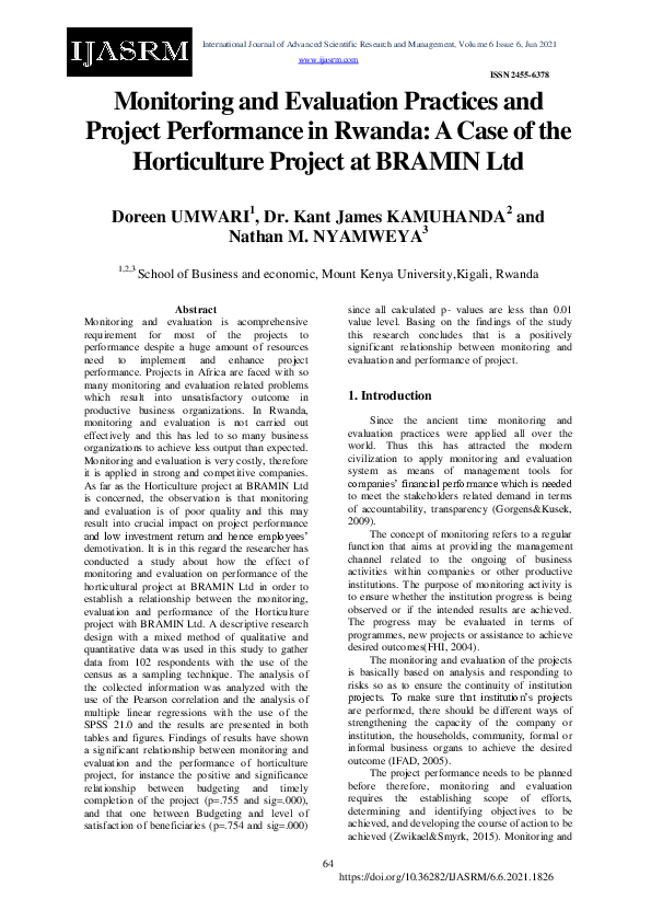 (PDF) Monitoring and Evaluation Practices and Project Performance in Rwanda: A Case of the ...