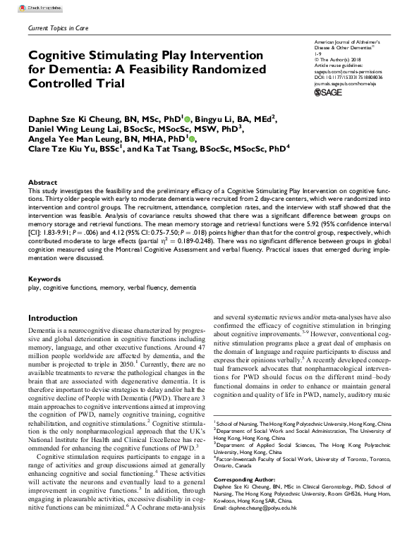 (PDF) Cognitive Stimulating Play Intervention for Dementia: A Feasibility Randomized Controlled ...