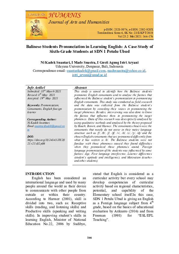 (PDF) Balinese Students Pronunciation in Learning English: A Case Study ...