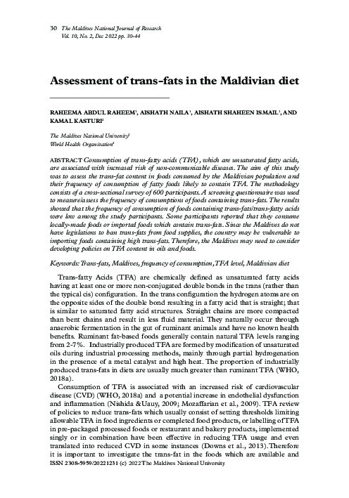 (PDF) Assessment of trans-fats in the Maldivian diet
