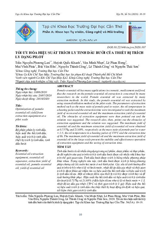 (PDF) Tối ưu hóa hiệu suất trích ly tinh dầu bưởi của thiết bị trích ly dạng pilot