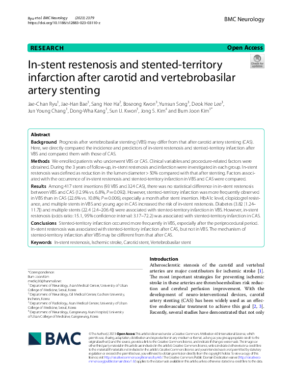 In-stent restenosis and stented-territory infarction after carotid and ...