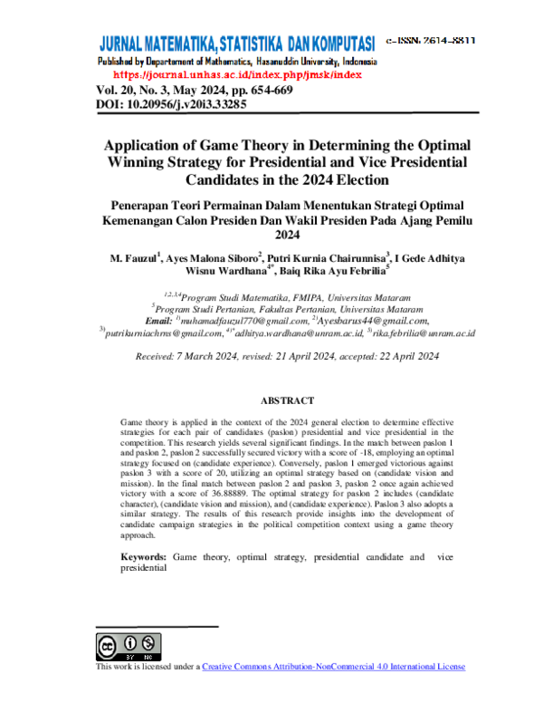 Pdf Application Of Game Theory In Determining The Optimal Winning Strategy For Presidential