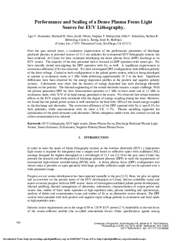 Performance and scaling of a dense plasma focus light source for EUV ...