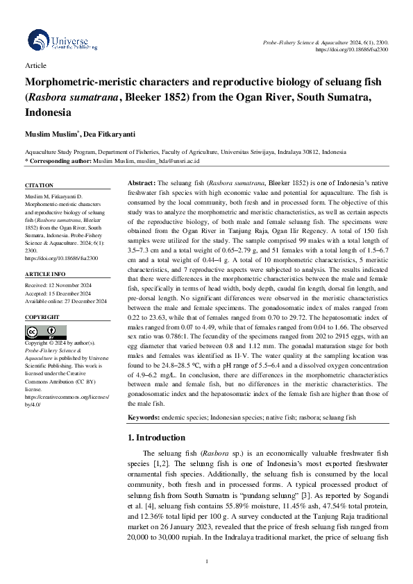 (PDF) Morphometric-meristic characters and reproductive biology of ...