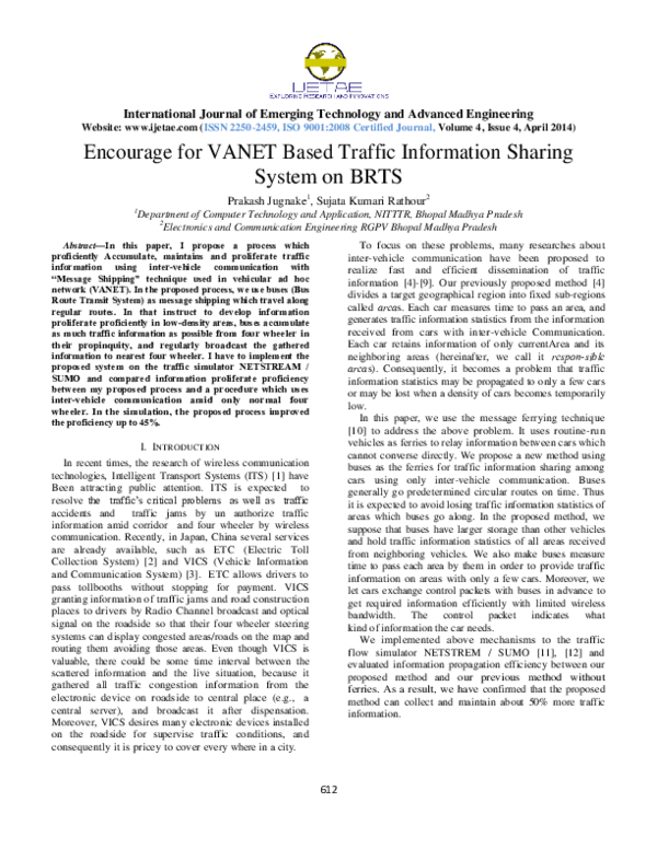 (PDF) Encourage for VANET Based Traffic Information Sharing System on BRTS