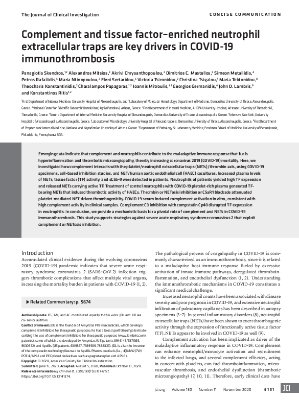 Complement and tissue factor-enriched neutrophil extracellular traps ...