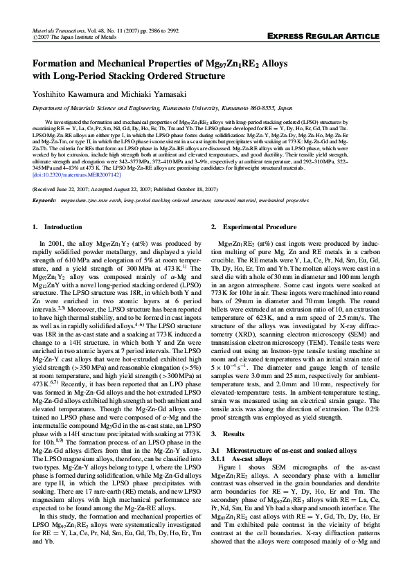 (PDF) Formation and Mechanical Properties of Mg97Zn1RE2 Alloys with Long-Period Stacking Ordered ...
