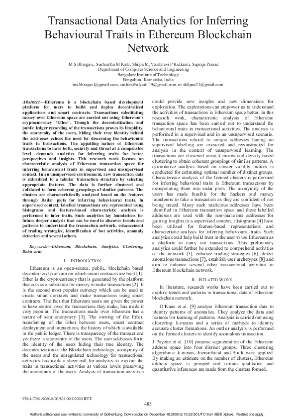 (PDF) Transactional Data Analytics for Inferring Behavioural Traits in Ethereum Blockchain Network