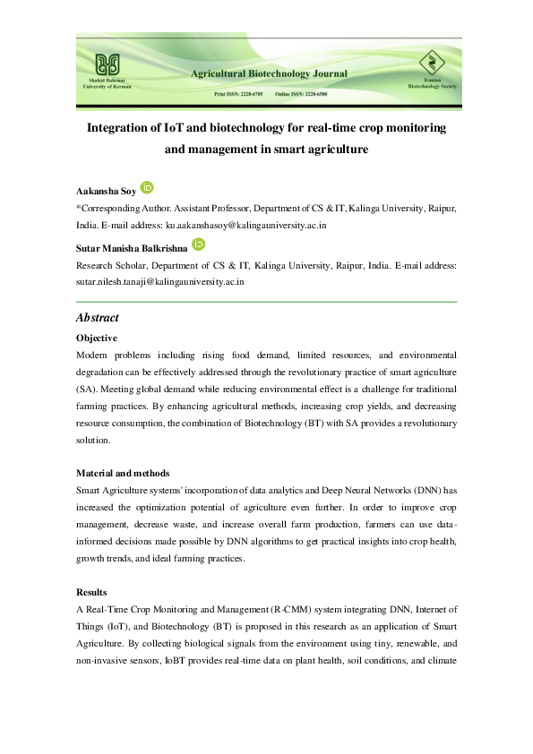 (PDF) Integration of IoT and biotechnology for real-time crop monitoring and management in smart ...
