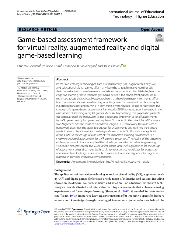 (PDF) Game-based assessment framework for virtual reality, augmented reality and digital game ...