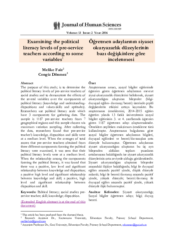 (PDF) Examining the political literacy levels of pre-service teachers ...