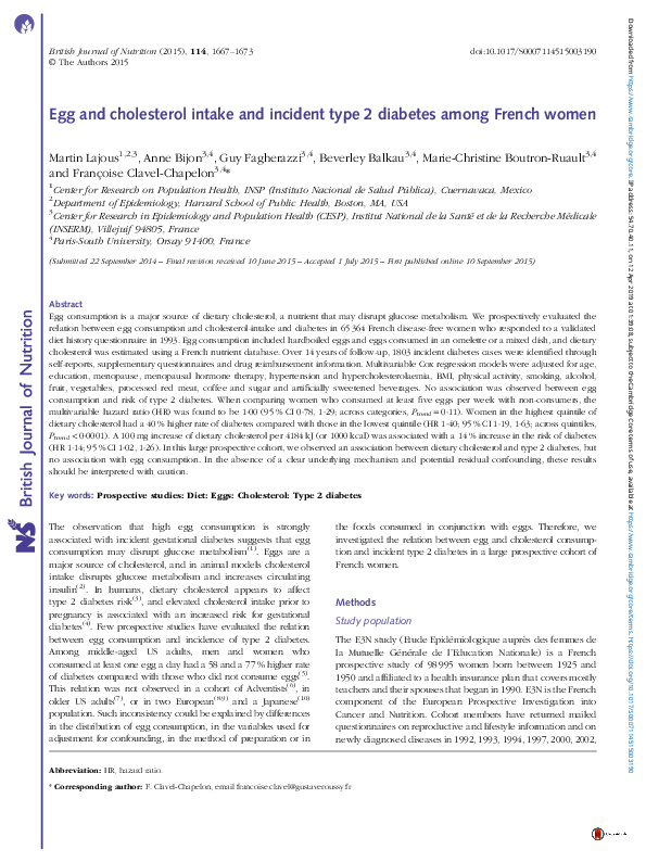 (PDF) Egg and cholesterol intake and incident type 2 diabetes among ...