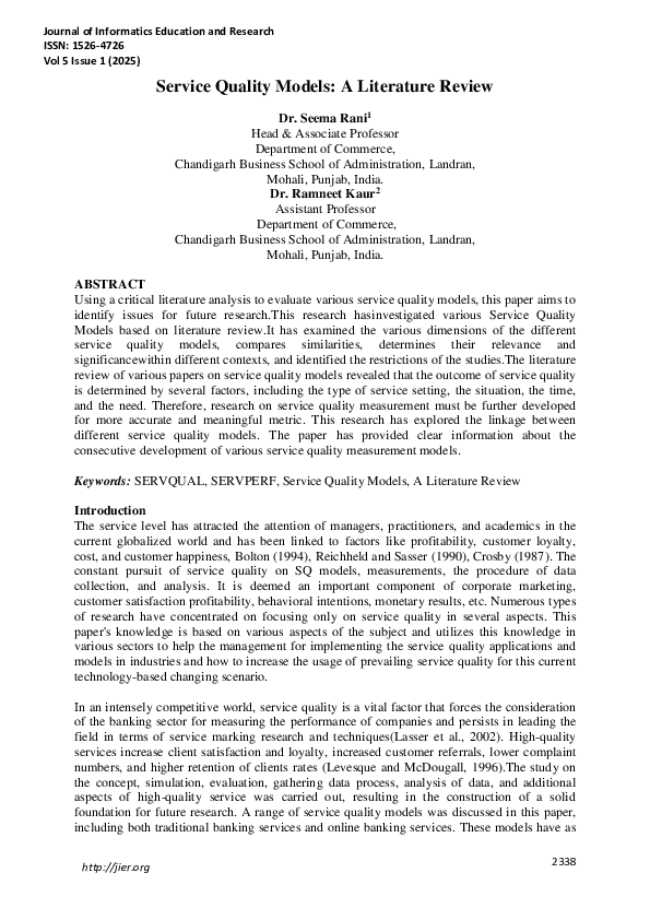(PDF) Service Quality Models: A Literature Review