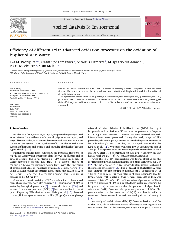 Efficiency of different solar advanced oxidation processes on the ...