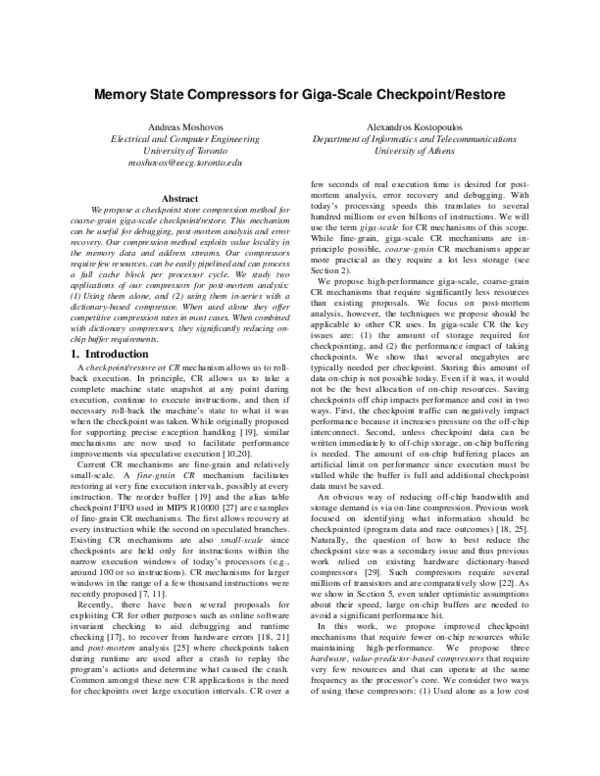 Memory state compressors for giga-scale checkpoint/restore