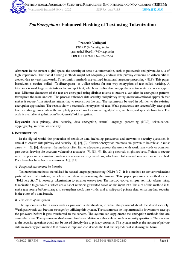 (PDF) TokEncryption: Enhanced Hashing of Text using Tokenization