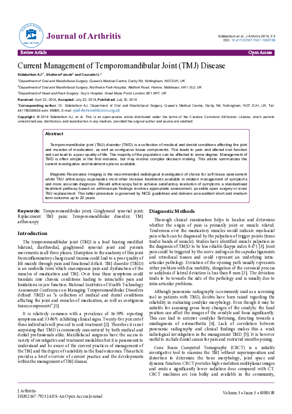 (PDF) Current Management of Temporomandibular Joint (TMJ) Disease
