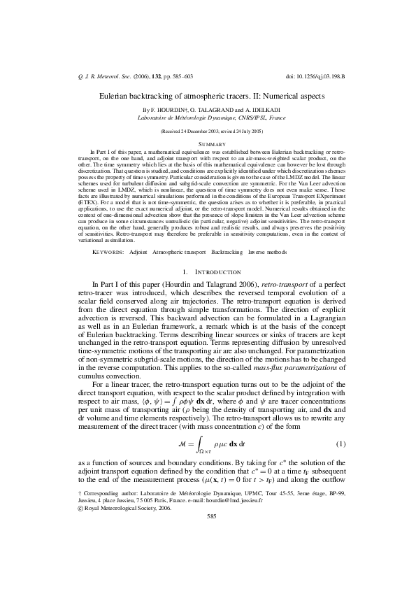 (PDF) Eulerian backtracking of atmospheric tracers. I: Adjoint derivation and parametrization of ...