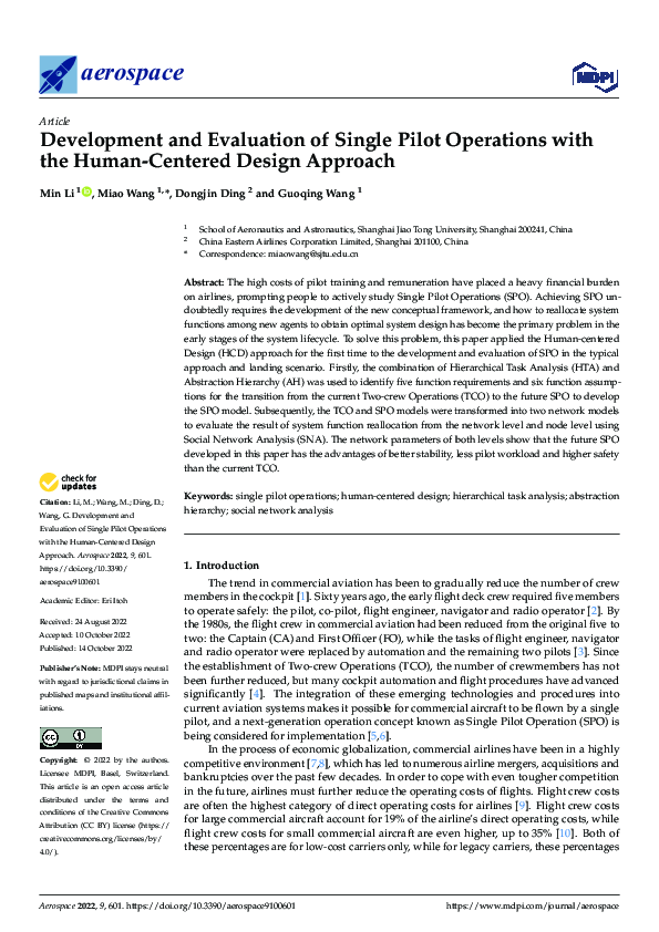 (PDF) Development and Evaluation of Single Pilot Operations with the Human-Centered Design Approach