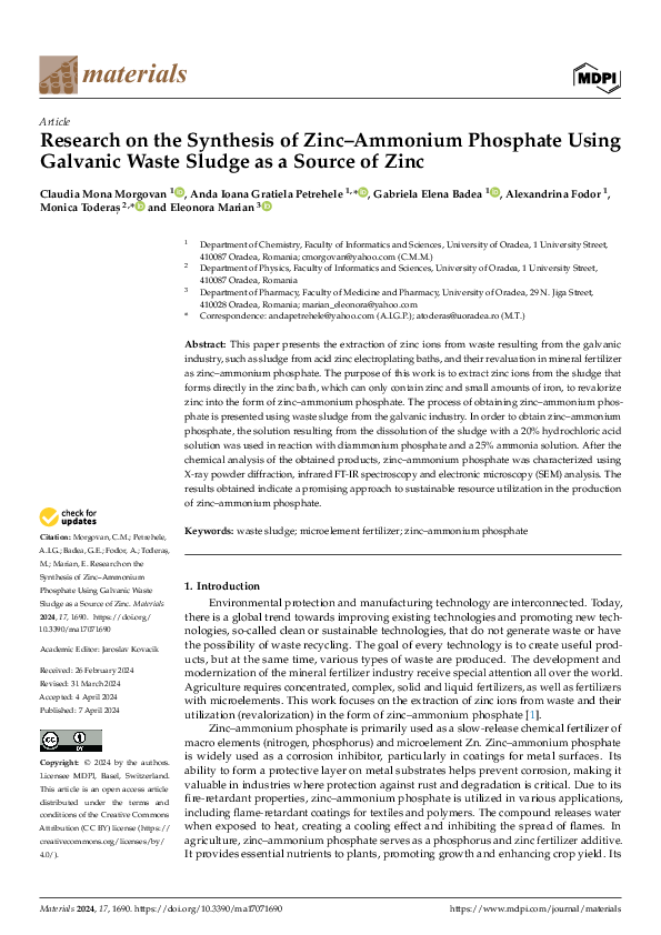 (PDF) Research on the Synthesis of Zinc–Ammonium Phosphate Using Galvanic Waste Sludge as a ...