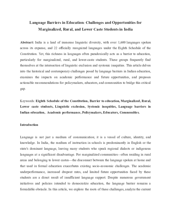 (PDF) Language Barriers in Education: Challenges and Opportunities for ...