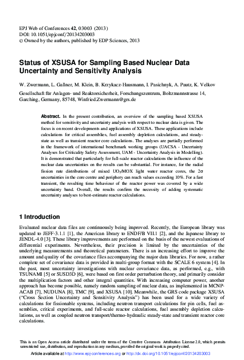 (PDF) Status of XSUSA for Sampling Based Nuclear Data Uncertainty and Sensitivity Analysis