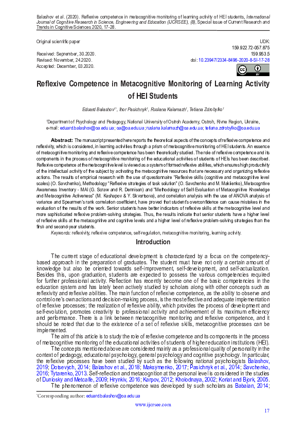 (PDF) Reflexive Competence in Metacognitive Monitoring of Learning ...