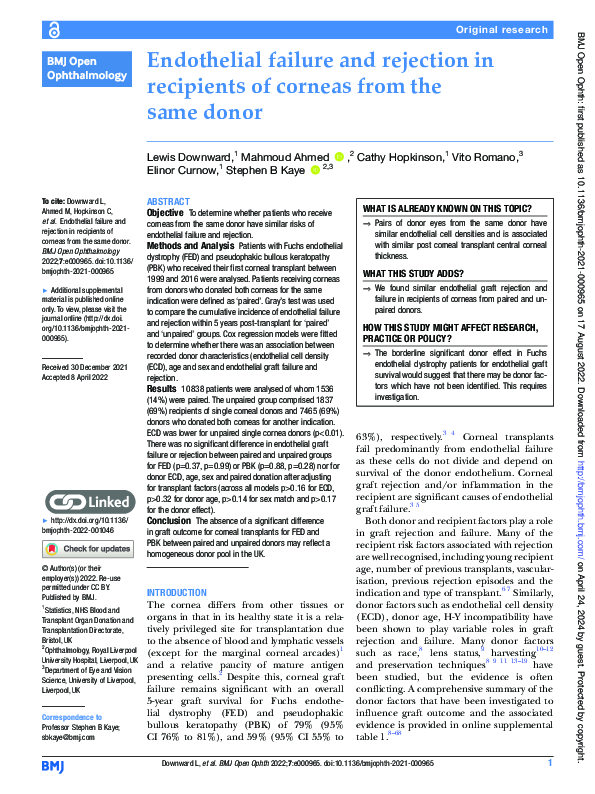 (PDF) Endothelial failure and rejection in recipients of corneas from ...