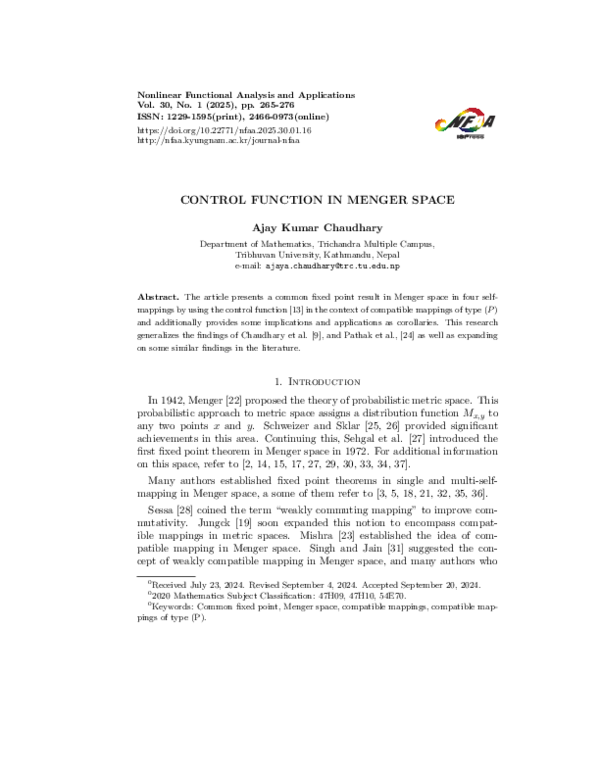 (PDF) CONTROL FUNCTION IN MENGER SPACE