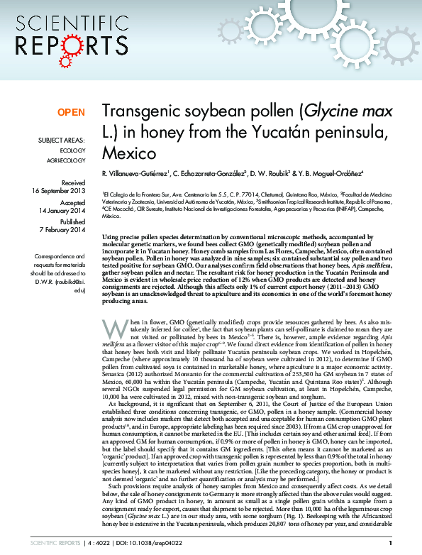 (PDF) Transgenic soybean pollen (Glycine max L.) in honey from the ...
