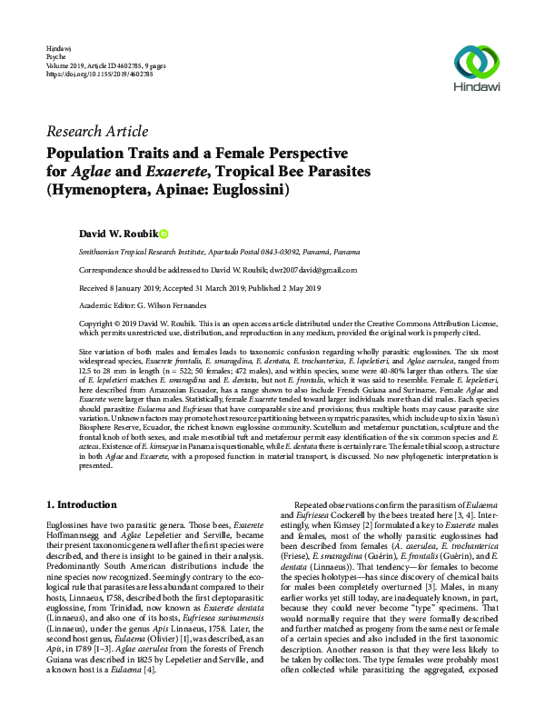 (PDF) Population Traits and a Female Perspective for Aglae and Exaerete ...