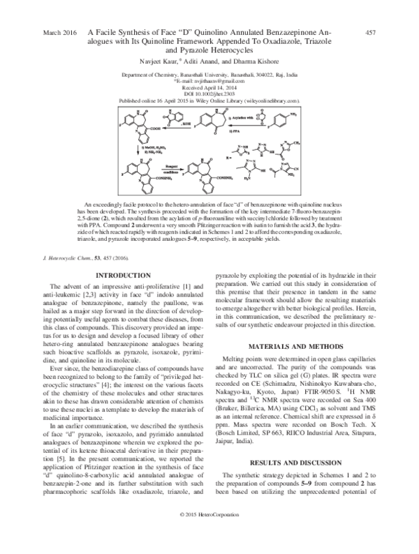 (PDF) A Facile Synthesis of Face “D” Quinolino Annulated Benzazepinone ...