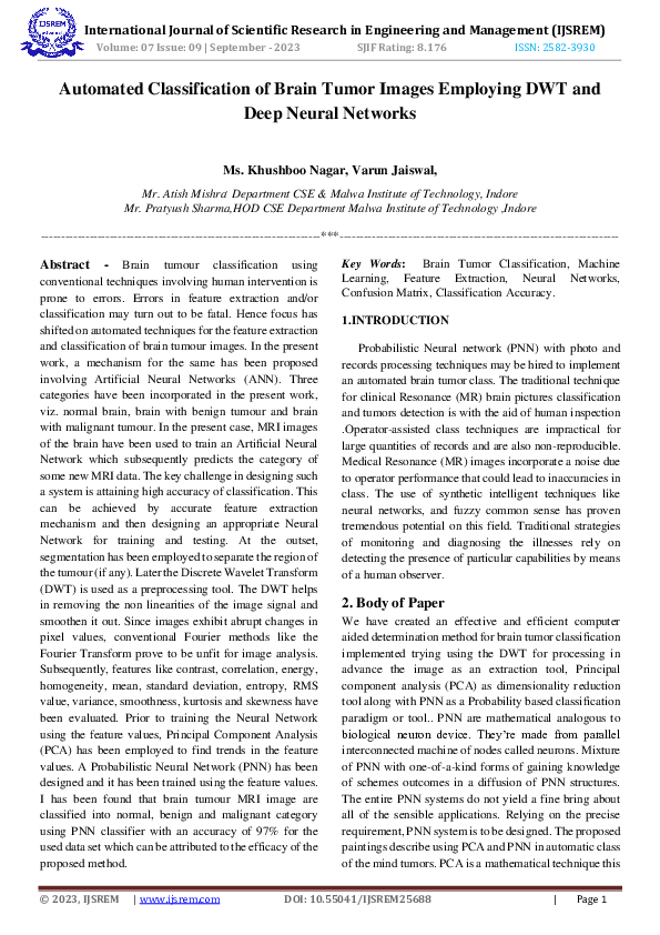 (PDF) Automated Classification of Brain Tumor Images Employing DWT and Deep Neural Networks